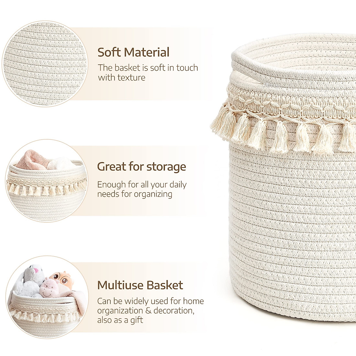 Mkono Macrame Decorative Cotton Rope Basket Boho Nursery Decor Small Cute Woven Tassel Closet Storage Bins Organizer for Baby Toys,Magazines, Potted Plants Cover,Living Room,Bedroom, 11"x11"