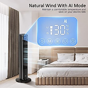 VCK Tower Fan, 80° Oscillating Fans with Remote, 36'' Quiet Cooling Fan,Adjustable 3 Speeds,4 Mode,12H Timer, LED Display with Auto Off,Standing Bladeless Floor Fan for Bedroom Home Office
