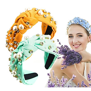 JILIYUPA Pearl Rhinestone Tweed Headband, Green and Yellow, Sparkle Luxury Vintage Embellished Hairband for Women and Girls, 2 Count