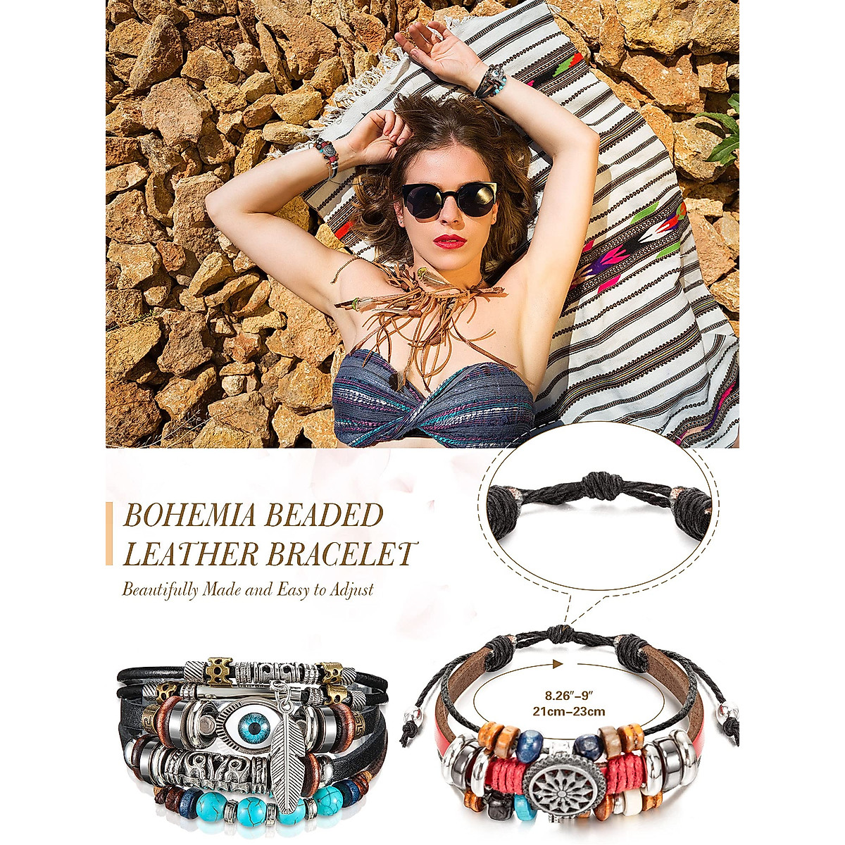 Hicarer 9 Pieces Bohemian Vintage Dangle Earrings Set Boho Retro Rhinestone Drop Earrings Multi-layer Beaded Leather Bracelet and Turquoise Bead Necklace Jewelry for Women