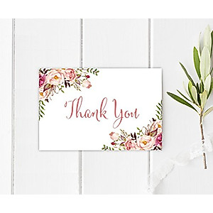 Pink Floral Thank You Cards with Envelopes, 4 x 6 Boho Flower Thank You Notes - Chic Greeting Cards 25 Bulk Pack, Blank Inside, Meet Wedding, Bridal Shower, Girl Baby Shower More Occasion
