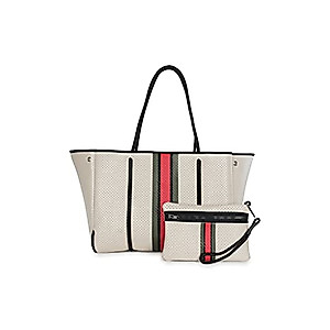 Haute Shore - Greyson Roma Neoprene Tote Bag w/Zipper Wristlet Inside, Beige W/Olive, Black, & Red Stripe