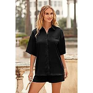 PRETTYGARDEN Women's 2 Piece Satin Pajama Sets Short Sleeve Button Down Tops And Shorts Set 2023 Summer Pjs Silk Sleepwear (Black,Medium)