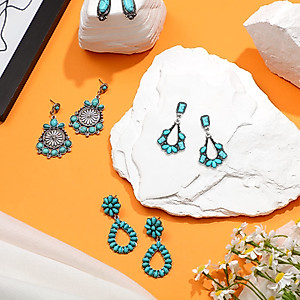 Trnayi 12 Pairs Turquoise Earring Set Turquoise Bohemian Dangle Stud Earrings Turquoise Round Metal Earrings Boho Vintage Oval Earring Metal Earring for Women(Fresh Style)