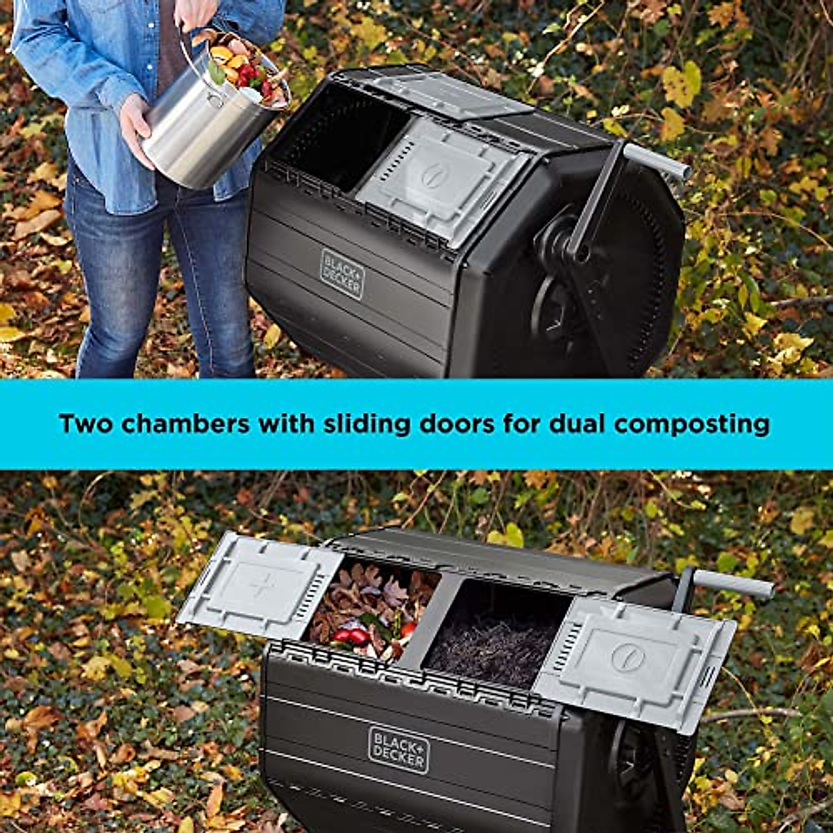 BLACK+DECKER Compost Tumbler, Dual Chamber Composter, 40 Gallon, Easy Handle System for Composting (BDSTGA9701)