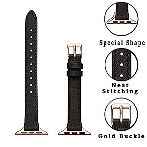 STIROLL Slim Leather Bands Compatible with Apple Watch Band 38mm 40mm 41mm 42mm 44mm 45mm 49mm,Top Grain Leather Watch Thin Wristband for iWatch Ultra SE Series 8/7/6/5/4/3/2/1(Black with Rose Gold)