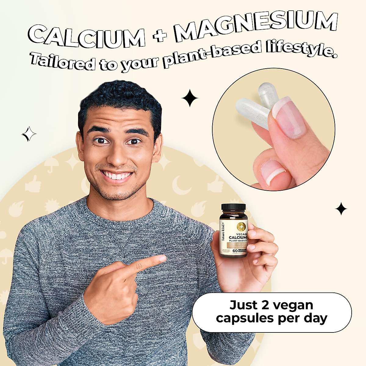 Future Kind Vegan Calcium Supplement (60 Capsules) - Plant-Based Calcium Magnesium Supplement Sourced from Iceland for Teeth and Bone Support - Calcium Supplements for Women & Men