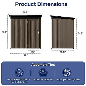 Lyromix 63.5'' × 33.8'' Metal Outdoor Storage Shed with Door & Lock, Waterproof Garden Storage Tool Shed for Backyard Patio,Brown