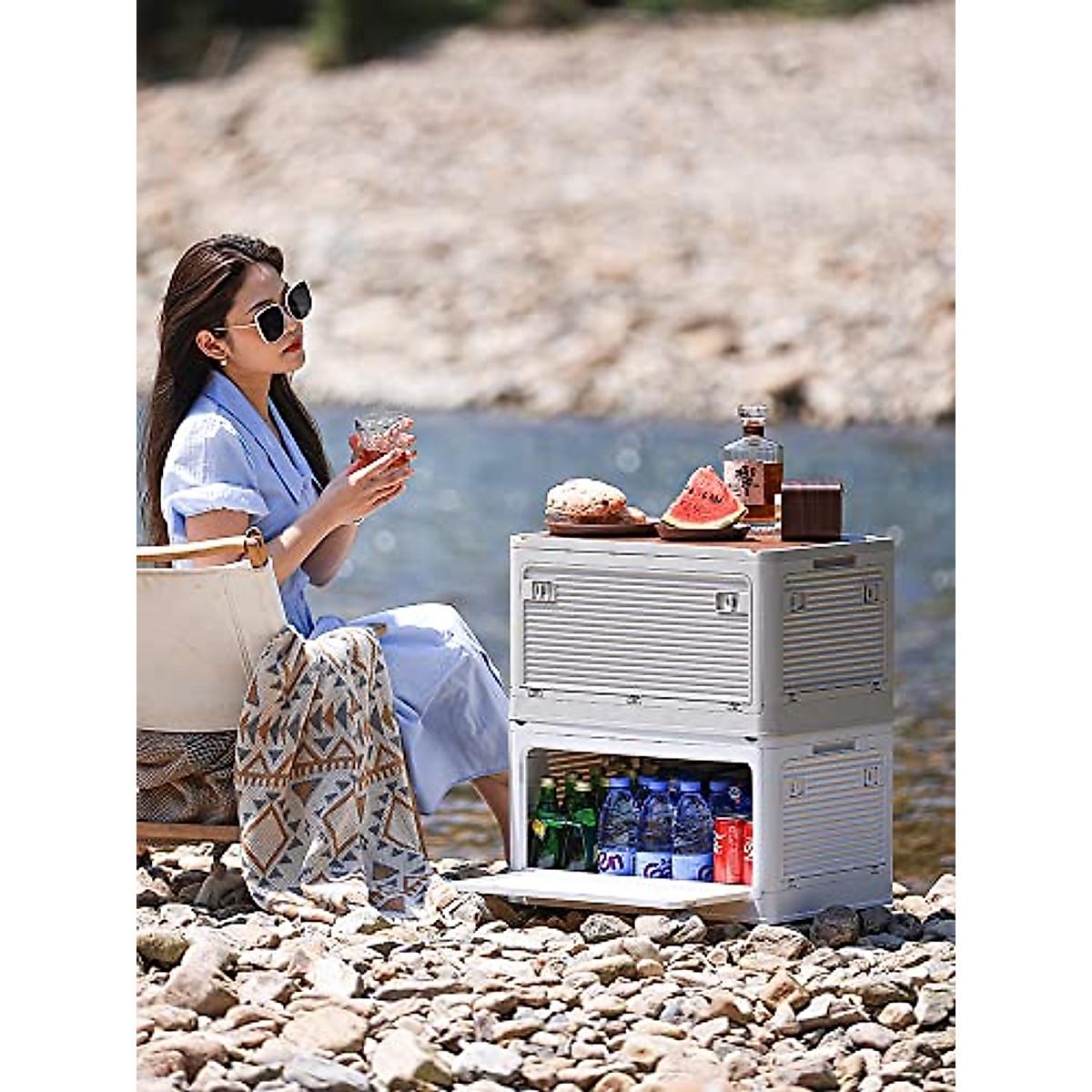 Radefasun Foldable Storage Bins with Wood Lids Plastic Collapsible Storage Box with Cutting Board Portable Stackable Grocery Container Folding Latching Storage Crate with Removable Pulley (S, White)