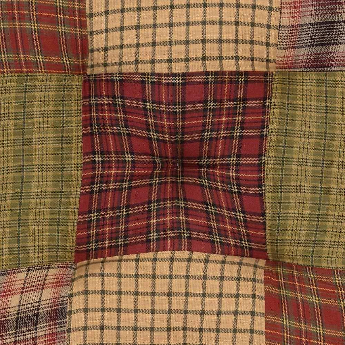 VHC Brands Tea Cabin Chair Pad Patchwork Log Cabin Country Rustic Lodge Design, Moss Green and Deep Red