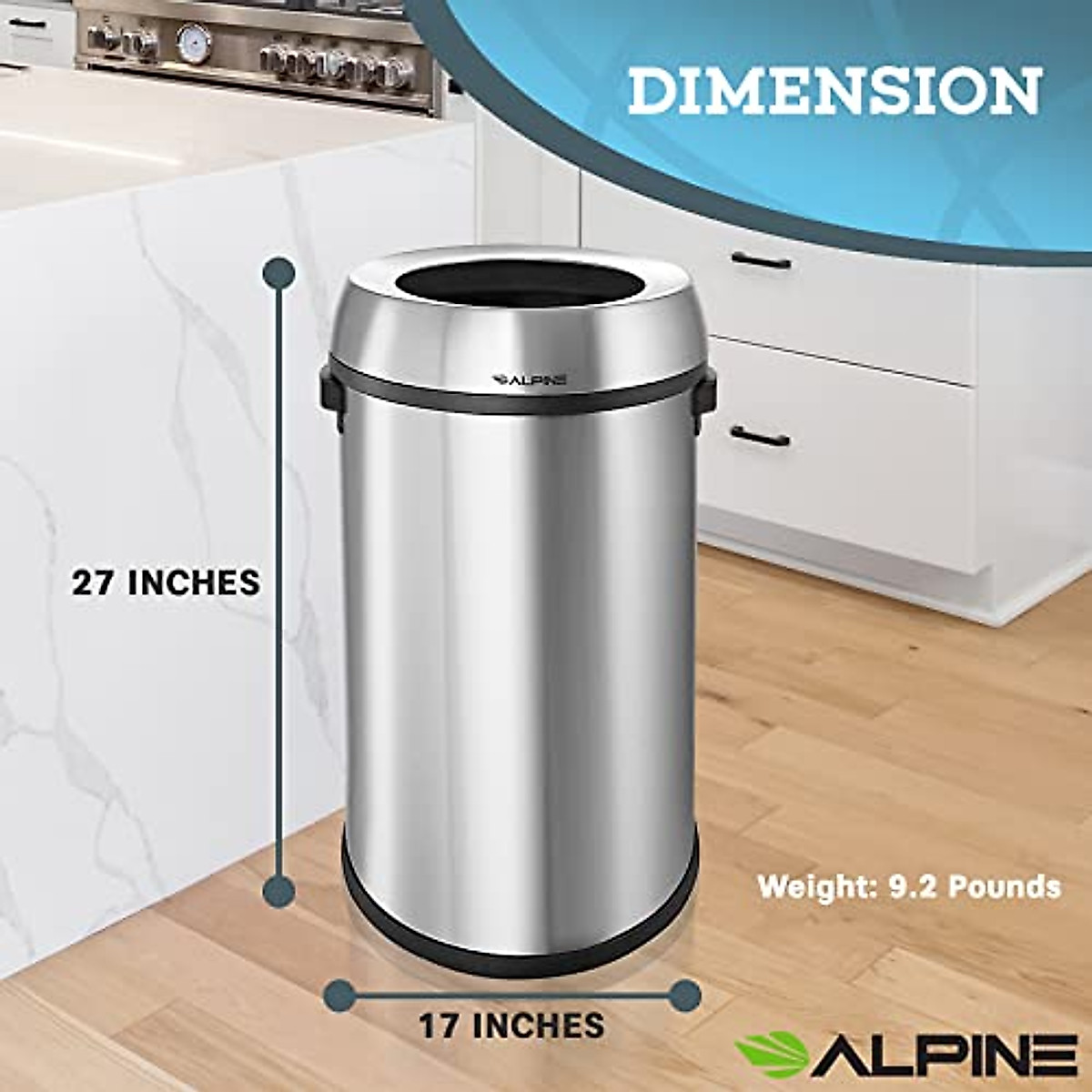 Alpine17 Gallon Stainless Steel Trash Can - Heavy Duty Garbage Bin for Home & Business Wastes (Open Top)