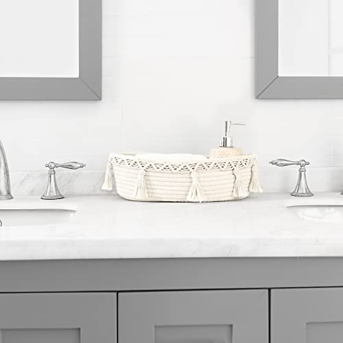 Mkono Small Macrame Storage Basket for Toilet Tank Top Boho Bathroom Decor Woven Cotton Rope Back of Toilet Organizer Tray for Counter Shelf Table Bedroom Living Room Nursery, Ivory, 1 Pack