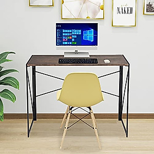 Folding Desk Simple Home Office Desk, Foldable Space Saving Computer Study Writing Table Workstation with Metal Frames/Wood Top Laptop, No Assembly Required, 39.4 Inch, Industrial Brown