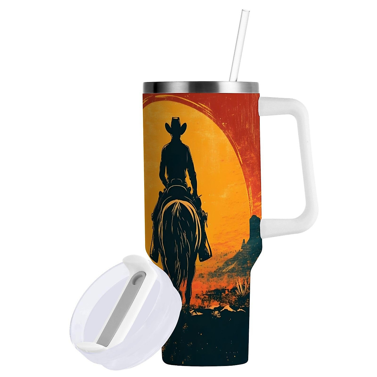 Jihqo Western Cowboys under Sunset 40 oz Stainless Steel Vacuum Insulated Tumbler with Handle and Straw Lid, Leakproof Water Bottle Double Wall Travel Mug Coffee Cup, Cupholder Friendly