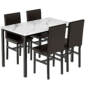 Recaceik Dining Table Set for 4, Kitchen Table and Chairs Set with Faux Marble Tabletop & 4 Leather Upholstered Chairs for Kitchen Dining Room, Compact Space, Dinette Set, White+Brown