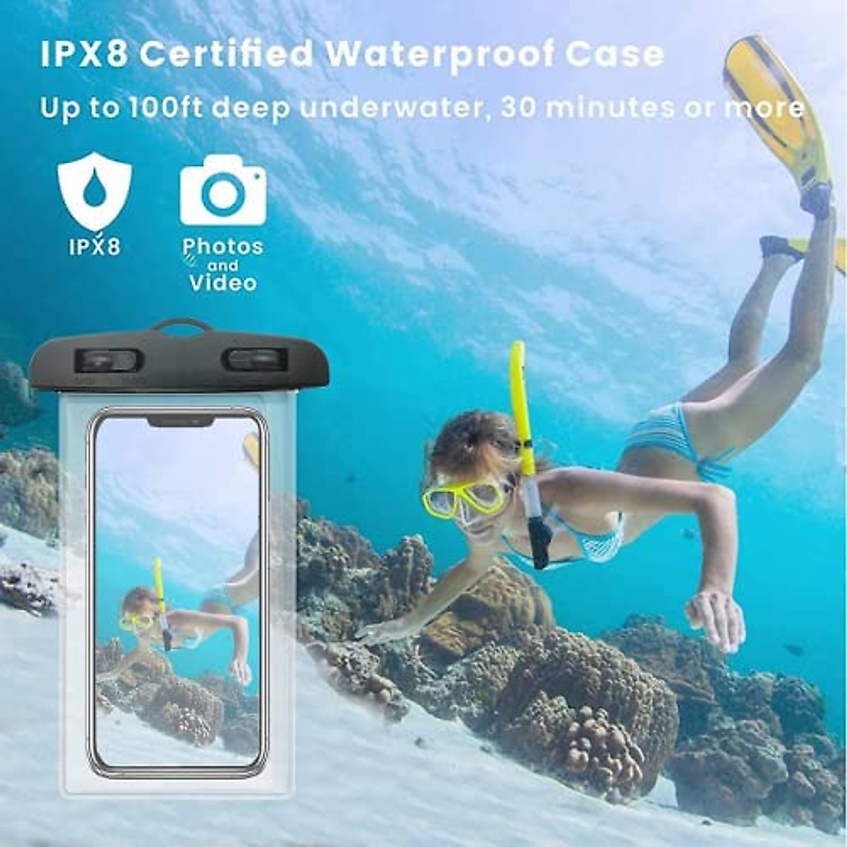 IPX8 Waterproof Phone Pouch Universal Waterproof Phone Case Dry Bag with Lanyard for Swimming Diving Compatible with iPhone 13/12/11 Pro XS MAX XR X 8 7 6 Plus & Samsung Phones 2 Pack (Black)