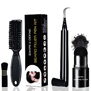 Beard Pencil Filler for Men Black, 4-Tip Beard Filler Pen Waterproof & Long Lasting Natural Makeup Beard Pen with Beard Brush Detailing Filler Moustache & Eyebrows (Black Beard Pen Kit)