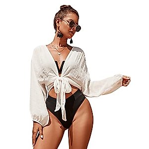 Verdusa Women's Tie Front Long Sleeve Swimsuit Kimono Cover Up Wrap Blouse Top White M