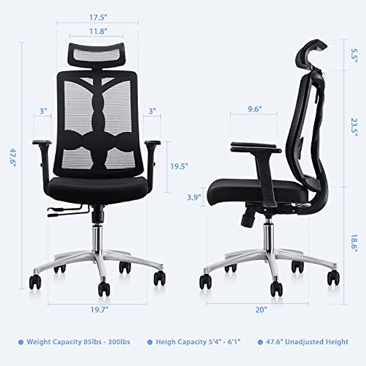 Office Chair Ergonomic,Computer Chair with Neck and Lumbar Support,Mesh Office Chair with Adjustable Headrest,Backrest,Armrest & Seat Depth,Thick Seat Cushion,Office Chairs for Home Office,Black