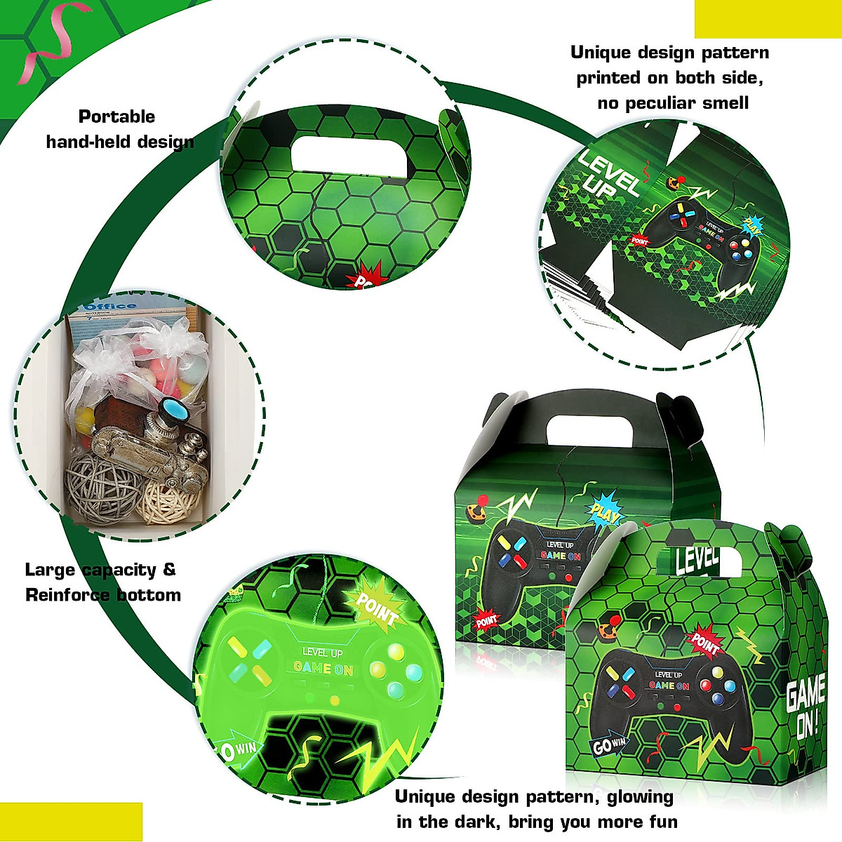 24 Pcs Glow in the Dark Video Game Party Boxes Neon Light up Game Theme Party Supplies Favors Candy Goodies Boxes with Handle for Kids Birthday Party Christmas Decor Baby Shower Treat Boxes(Green)