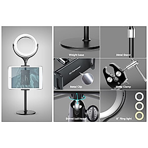 Elitehood iPad Stand with Ring Light for Online Video Conference, 3 Colors & 10 Brightness Computer Ring Light, Adjustable Desktop iPad Holder Stand for iPad Pro 12.9 11 Air Mini and 4-13’’ Tablet