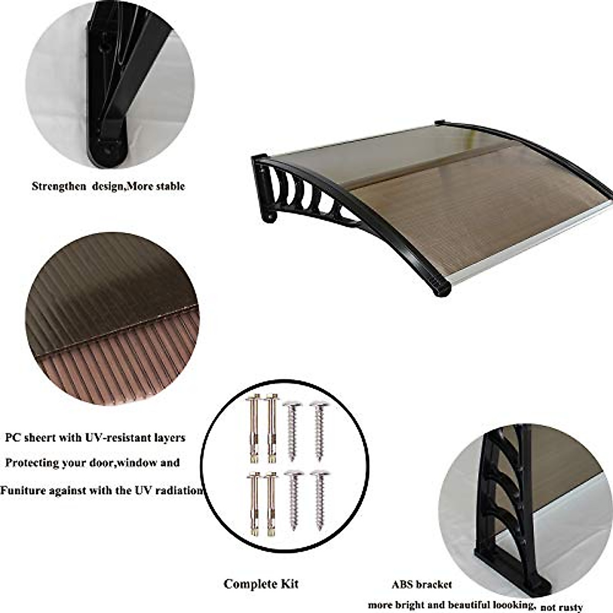 Choies 40" x 40" Window Awning Polycarbonate Door Canopy Cover Outdoor Patio Front Door Garden Awning Canopy UV Rain Snow Sunlight Protection One Piece Hollow Sheet,Dark Brown Canopy/Black Bracket