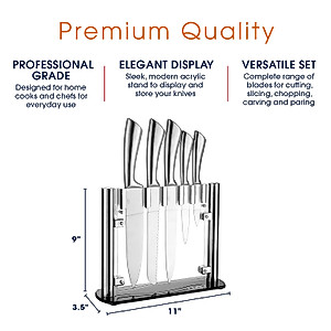 Cheer Collection Stainless Steel Chef Knife Set with Acrylic Stand (6-Piece) Professional Kitchen Utensils - Sharp Serrated and Standard Blades for Mincing, Chopping, Slicing