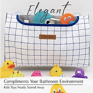 Large Bath Toy Storage with A Quick Dry Mesh Base. Sturdy Bath Toy Holder with 3 Strong Suction Cups. The Bath Toy Organizer Keeps Your Bathroom Tidy. Bathtub Toy Holder (Blue Check)