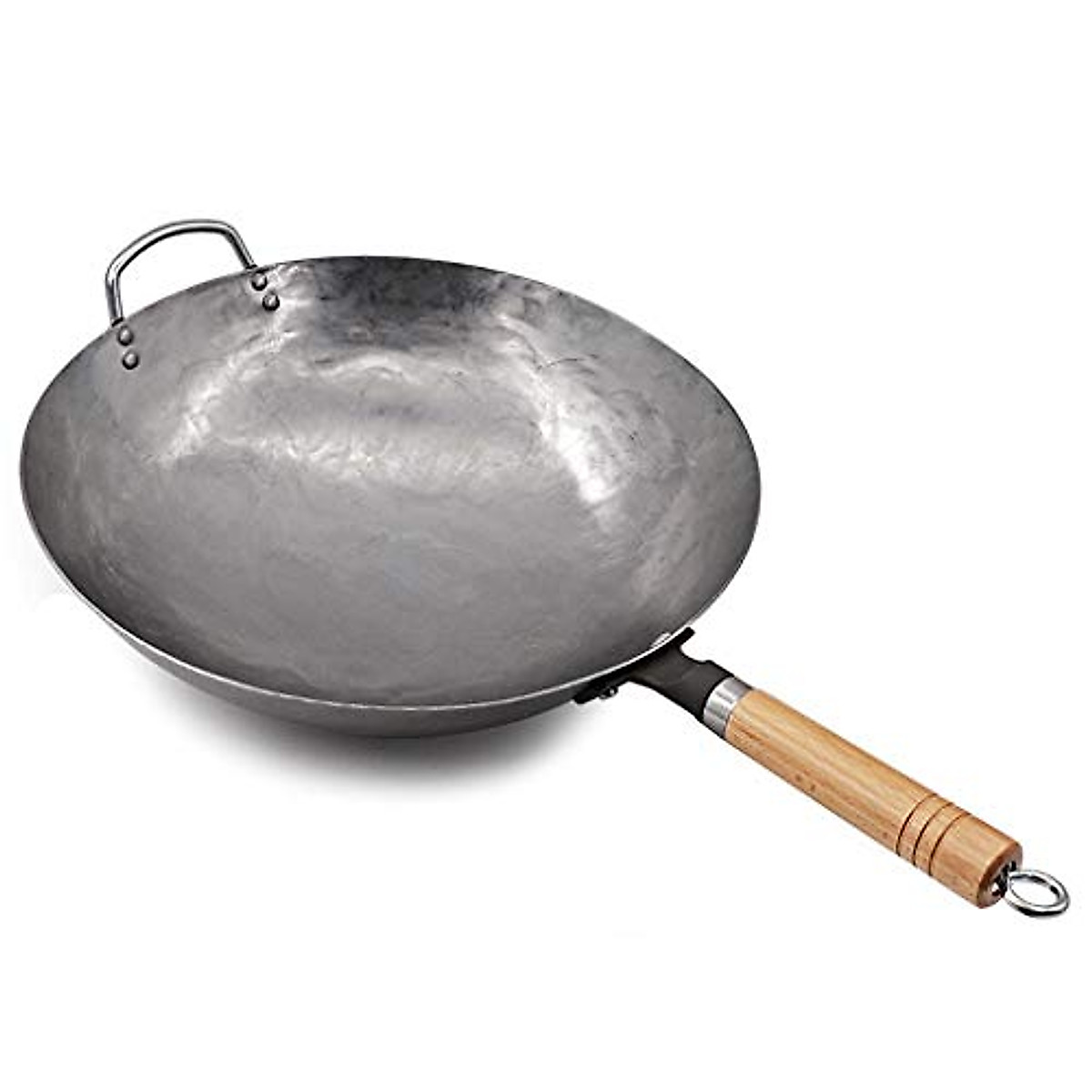CZDYUF Traditional Hand Hammered Carbon Steel Pow Wok with Wooden and Steel Helper Handle, Round Bottom