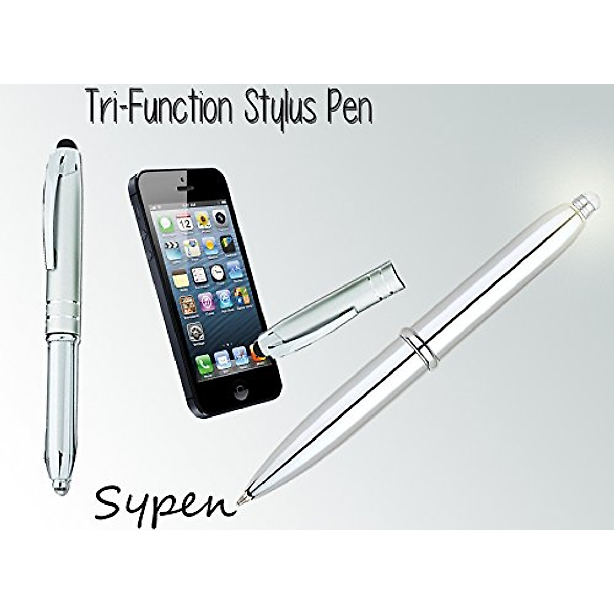 Tri-Functiion Capacitive Stylus Ballpoint Pen w/LED Flashlight for Any Touchscreen iPhone Tablets - Silver