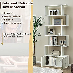 Giantex 6-Tier Geometric Bookcase with Cabinet, Freestanding Display Shelves with Anti-Tipping Device, Wood S-Shaped Bookshelf for Living Room, Bedroom, Study, White