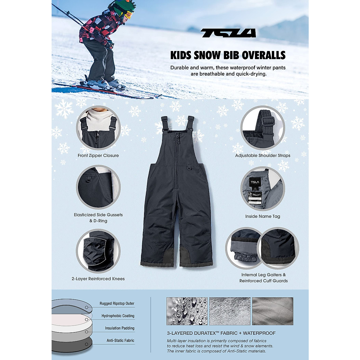 TSLA Kids Little Boys Girls Baby Winter Snow Bibs, Waterproof Insulated Snowboard Overalls, Ripstop Ski Pants, Winter Snow Overall Charcoal Blue, 5T