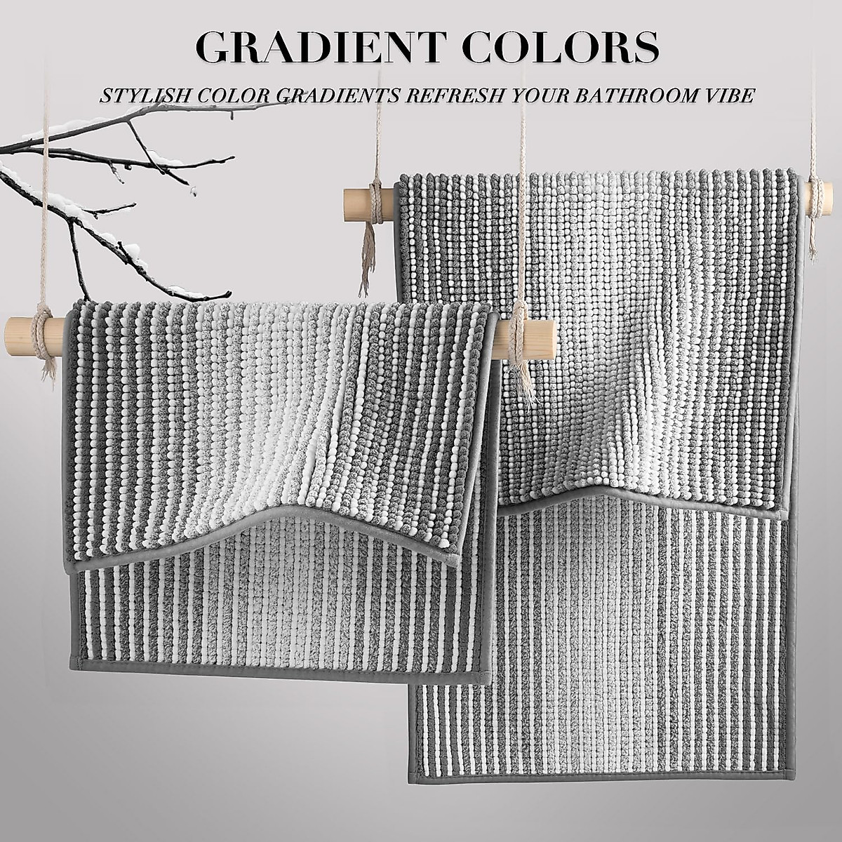 BSICPRO Bathroom Rugs and Mats Sets, 2 Piece Thick Absorbent Chenille Bath Mat Rug Set Non Slip, Soft Shaggy Bath Room Floor Mats for Bathroom, Machine Washable (20" x 47" Plus 16" x 24", Gray)