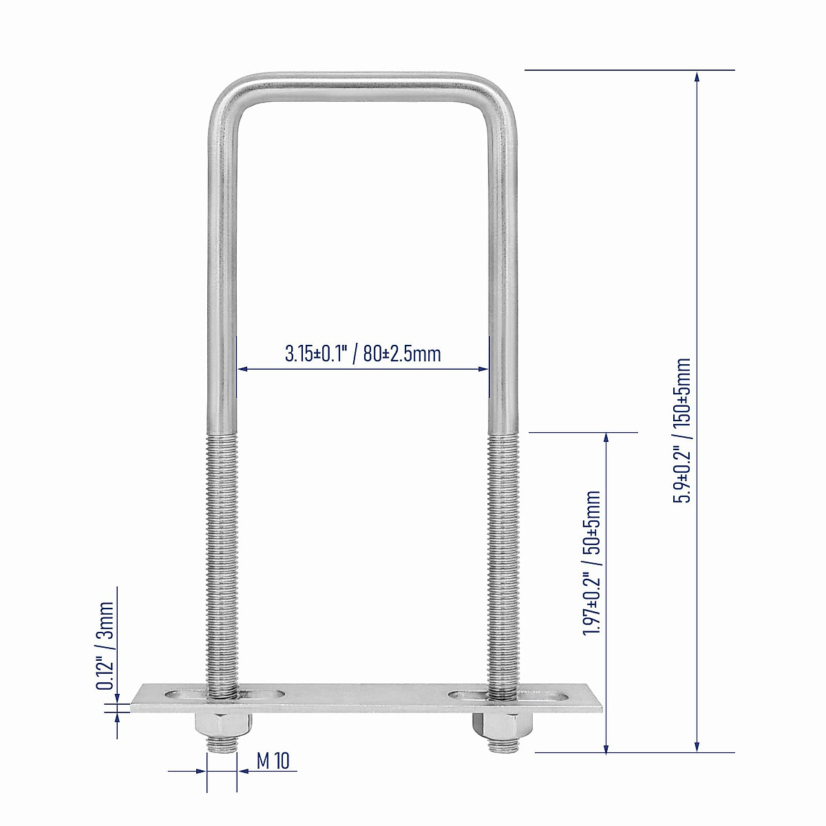 FOCMKEAS 2 Sets 304 Stainless Steel Square U-Bolts 3.15"(80mm) Inner Width, 5.91"(150mm) Length Stainless M10 with Nuts, Frame Plate, Accessories for Automobiles Trailer, Boat Trailer Industrial Parts