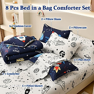 Tasselily Rocket Comforter Set Full Size, 8 Piece Bed in a Bag Space Bedding Sets for Boys Girls Kids