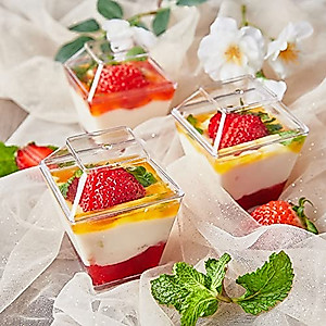 Qeirudu 50 Pack 3.5 oz Mini Dessert Cups with Lids and Spoons - Parfait Cups with Lids Plastic Square Shooter Cups for Party Appetizers Pudding Mousse Triffle