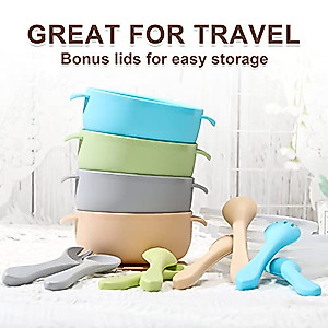 Potchen 4 Set Silicone Baby Bowls with Lid Spoon and Fork Suction Bowls for Baby Toddler Self-feeding Baby Food Bowl First Stage Dishwasher and Microwave Safe, 4 Colors