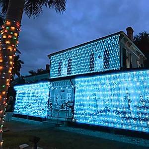Net Lights Outdoor Christmas Net String Lights Plug in 9.8ft x 6.6ft Connectable Mesh Fairy Light 200 LEDs Waterproof Garden Tree Lights 8 Modes with Remote for Yard Fence Gazebo Decor(White+Blue)