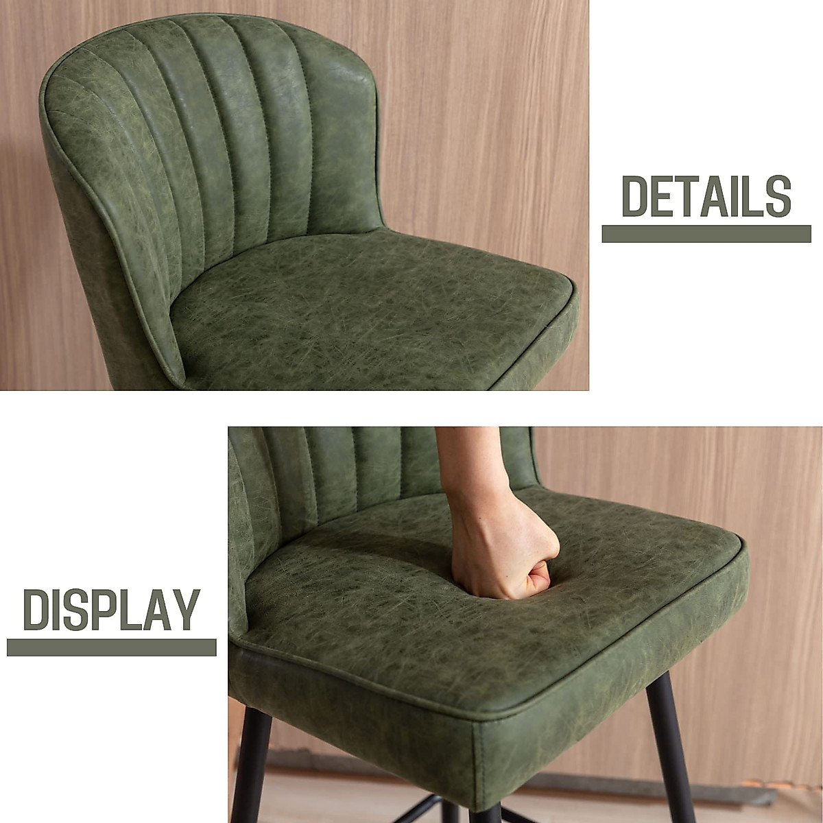 CIMOO Green Leather Bar Stools Set of 2 Mid Century Modern Counter Stools 26 Inch Counter Height Stool Chairs Upholstered Kitchen Island Chairs with Back, PU Faux Letaher