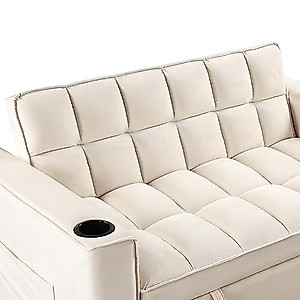 Verfur 3 in 1 Multi-Functional Futon Couch Pull Out Sleep, 2 Seater Convertible Loveseats Sofa with Adjustable Backrest,Comfy Upholstery Sofacama Sofabed, White 55.3" w/Cupholders and USB Charge Ports