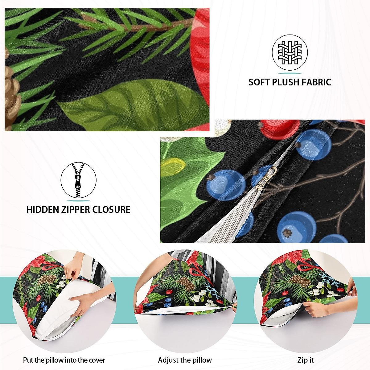 Christmas Flowers Pillowcase for Hair and Skin Body Pillow Cover Long Body Pillow Case 20"X 54" Flannel Pillow Cases with Zipper for Body Pillows