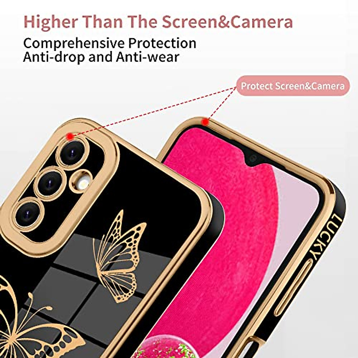 BITOBE Designed for Samsung A14 5G Case Butterflies Design with Screen Protector for Women Girls,Cute Luxury Plating Full Camera Lens Protection Cover for Galaxy A14 5G -Black