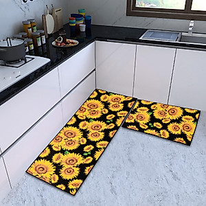 Sunflower Kitchen Rugs and Mats Set 2 PCS, Washable Anti-Fatigue Non-Slip Durable Comfort Standing Runner Rug for Kitchen, Office, Sink, Laundry, Living Room (17"x48"+17"x24",Black)