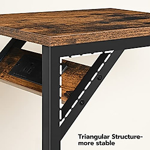 HOOBRO C Shaped End Table with Charging Station, Retro Sofa Couch Side Table, Narrow Nightstand for Small Space, Living Room, Bedroom, Rustic Brown and Black BF07USF01