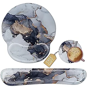 Keyboard Wrist Rest and Mouse Pad Wrist Support, Ergonomic Gel Memory Foam Keyboard Set with Non-Slip Rubber Base for Gaming and Office Easy Typing and Pain Relief, Gold Ink Marble