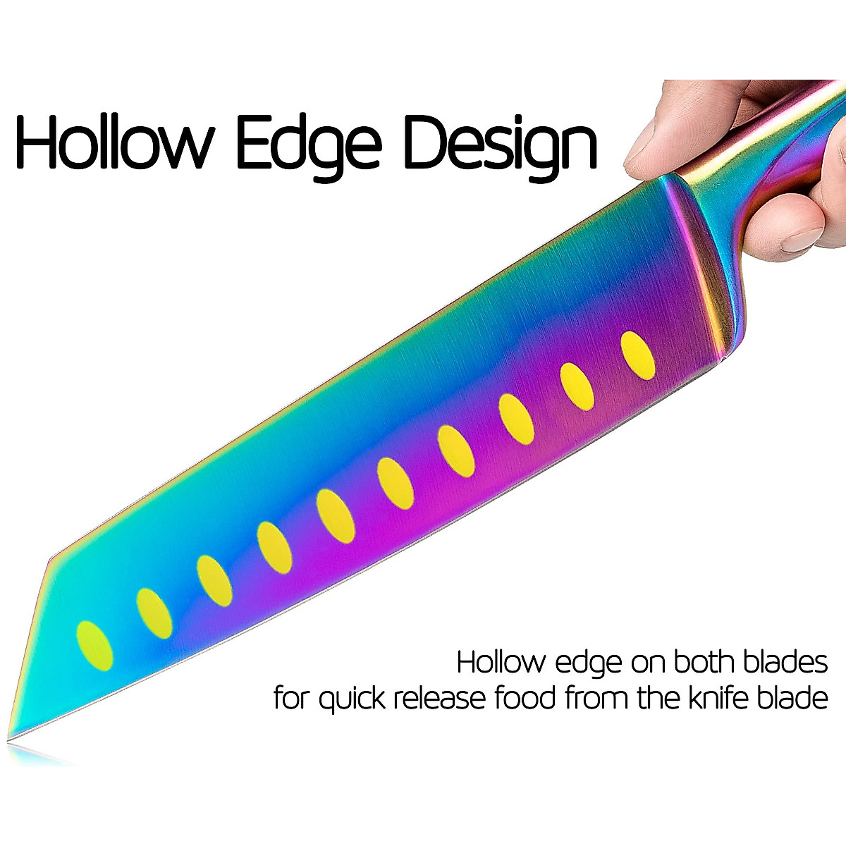 WELLSTAR Rainbow Knife Set 5 Piece, Razor Sharp German Stainless Steel Blade with Iridescent Titanium Coated, Kiritsuke Santoku Boning Utility Paring for Kitchen Cutting Dicing Filleting and Peeling