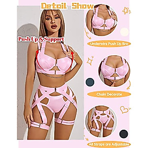Avidlove Sexy Lingerie Set for Women Underwire Push Up Bra Lingerie Strappy Corset Lingerie with Garter and Chain(Pink,XXL)