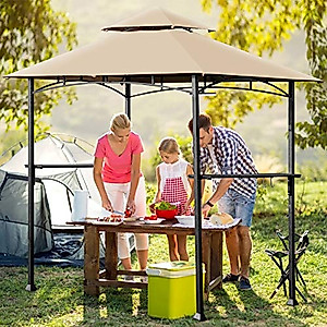Tangkula 8' x 5' Grill Gazebo, Outdoor Patio Barbecue Gazebo Shelter with LED Lights, 2-Tier Canopy Top Cover Grill Gazebo with Sturdy Steel Frame, Ideal for Gatherings, Parties (Khaki)