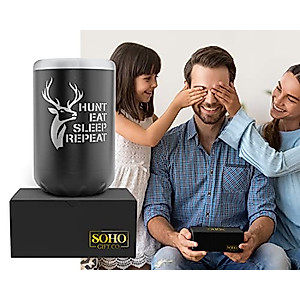 SoHo Can Cooler Gift for Men Hunting Lovers, Insulated for 12oz Standard Beer or Soda Can, Tumbler for Christmas 2022 / Birthday Gifts " Hunt Eat Sleep Repeat" (Gift Boxed)