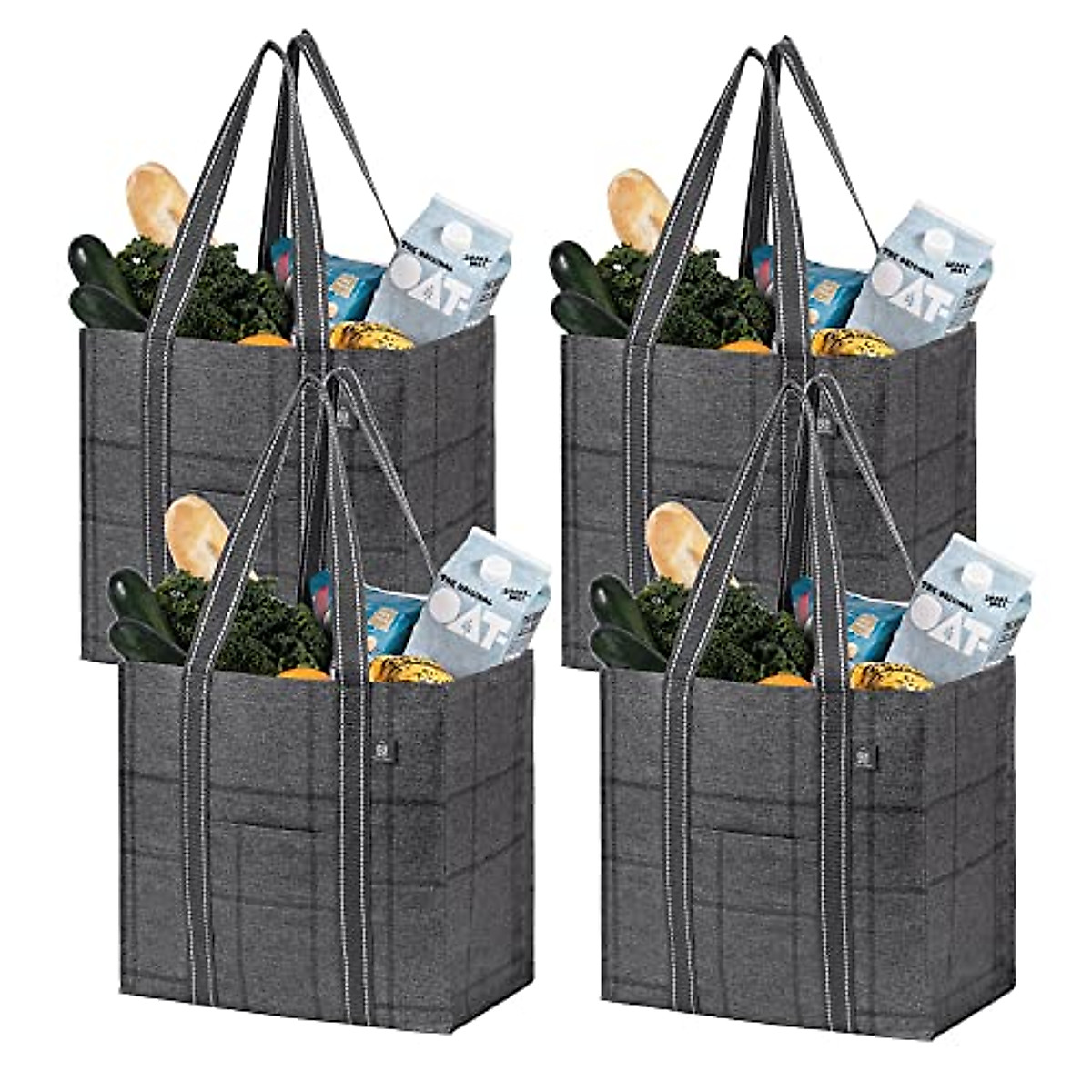 VENO 4 Pack Reusable Grocery Shopping Bag w/Hard Bottom, Foldable, Multi-Purpose Heavy-Duty Tote, Daily Utility Bag, Stands Upright, Sustainable (Set of 4 - Windowpane)